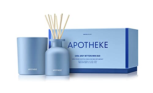 Apotheke Luxury Scented Mini Candle and Diffuser Set, Earl Grey Bitters - 5 oz 2.5 Diffuser, Lemon Zest, Bergamot, Alcohol Free, Fragrance Oil, Aromatherapy, Made in USA, (AP08-CD22-EG)