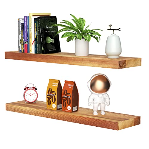 Buwico Floating Shelves, Bathroom Wall Shelves Set of 2, Pine Solid Wood Wall Mounted Shelves for Wall Decor, Rustic Farmhouse Wood Shelves for Bedroom, Living Room, Kitchen, Office and More (24in)