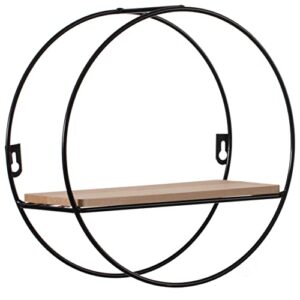 decorative modern round accent floating shelf circle decor display wall mounted rack with metal frame and pine wood shelf, black