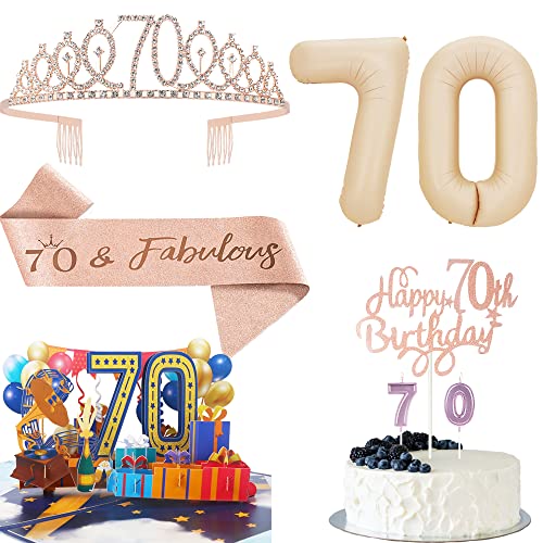 70th Birthday Gifts for Women - 70th Birthday Decorations Women Includes Birthday 3D Pop Up Card,Tiara Crown,Sash,Cake Toppers,Balloons,Candles with Gift Box