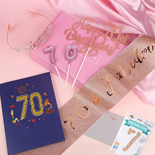 70th Birthday Gifts for Women - 70th Birthday Decorations Women Includes Birthday 3D Pop Up Card,Tiara Crown,Sash,Cake Toppers,Balloons,Candles with Gift Box