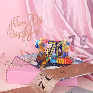 70th Birthday Gifts for Women - 70th Birthday Decorations Women Includes Birthday 3D Pop Up Card,Tiara Crown,Sash,Cake Toppers,Balloons,Candles with Gift Box