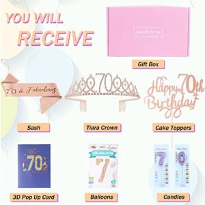 70th Birthday Gifts for Women - 70th Birthday Decorations Women Includes Birthday 3D Pop Up Card,Tiara Crown,Sash,Cake Toppers,Balloons,Candles with Gift Box