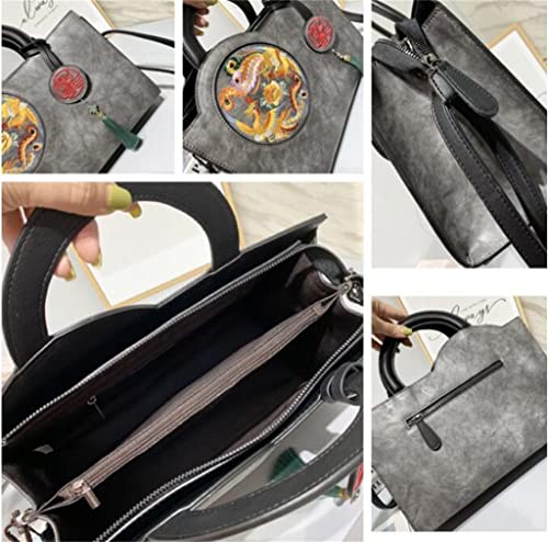 WYKDD Winter Women's Tote Bag Chinese Style Retro Handbag Large Capacity Women's Shoulder Bag (Color : Gray, Size : 32(L)*24(H)*14(W) cm)