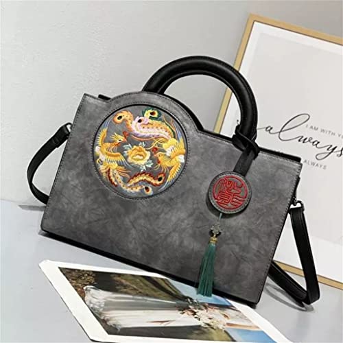 WYKDD Winter Women's Tote Bag Chinese Style Retro Handbag Large Capacity Women's Shoulder Bag (Color : Gray, Size : 32(L)*24(H)*14(W) cm)