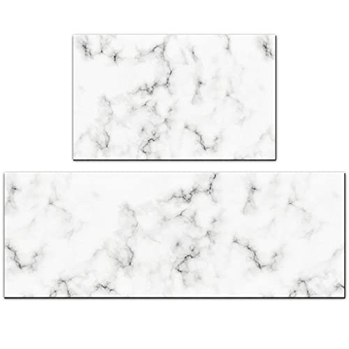 Anti Fatigue Thick Kitchen Rugs and Mats Set 2 Farmhouse Runner, Non Slip Waterproof Memory Foam Comfort Cushioned Standing Kitchen Floor Runner Decor for Sink Laundry (17"x 29"+17"x 47", Marble)