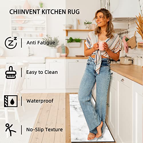 Anti Fatigue Thick Kitchen Rugs and Mats Set 2 Farmhouse Runner, Non Slip Waterproof Memory Foam Comfort Cushioned Standing Kitchen Floor Runner Decor for Sink Laundry (17"x 29"+17"x 47", Marble)