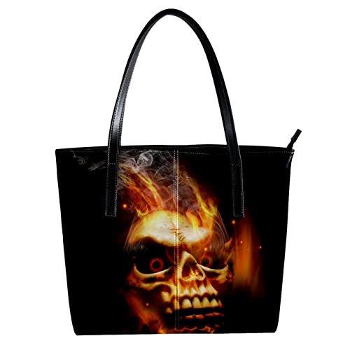 Women Tote Shoulder Bag, Fire Flame Skull Leather Work Handbag with Zipper for Teens College Students