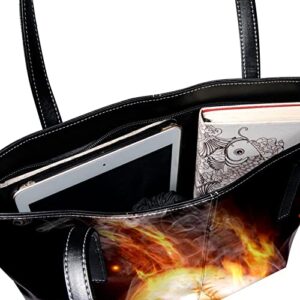 Women Tote Shoulder Bag, Fire Flame Skull Leather Work Handbag with Zipper for Teens College Students