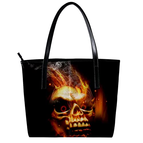 Women Tote Shoulder Bag, Fire Flame Skull Leather Work Handbag with Zipper for Teens College Students