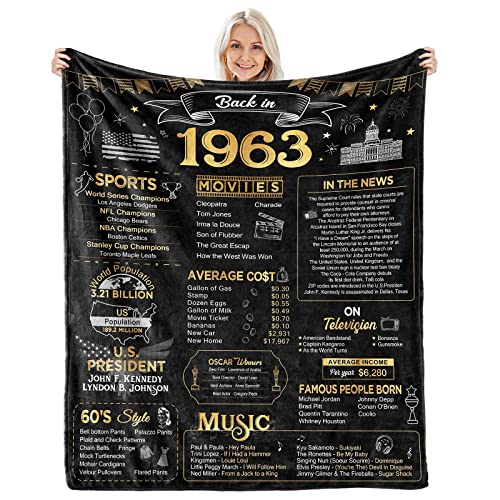 Happy 60th Birthday Gifts for Men Women Blanket 1963 60th Birthday Anniversary Weeding Decorations Turning 60 Year Old Bday Gift Idea for Husband Wife Dad Mom Back in 1963 Throw Blanket 60Lx50W Inch