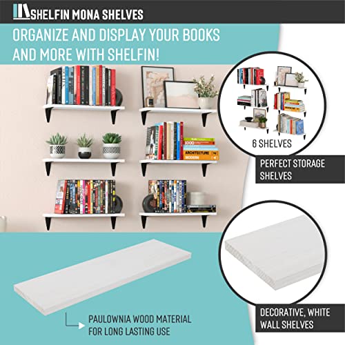 SHELFIN Mona 17" White Floating Shelves for Storage Wall Bookshelf Living Room Office Supplies & Kitchen Organizer Bedroom Shelves Set of 6