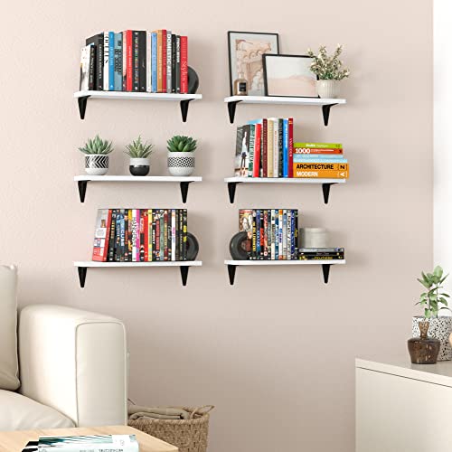 SHELFIN Mona 17" White Floating Shelves for Storage Wall Bookshelf Living Room Office Supplies & Kitchen Organizer Bedroom Shelves Set of 6