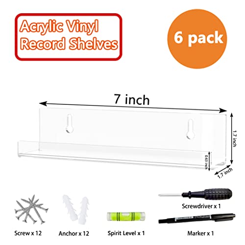 Hexsonhoma 7 Inch Clear Acrylic Record Shelf Set of 6, Record Wall Display, Vinyl Record Holder CD Rack, 6 Pack