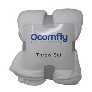 Ocomfly Throw Blanket and Pillow Set - Premium Fleece Blanket with Matching Square Pillow Covers. Soft, Warm, and Stylish. Throw Pillow Set and Throw Blanket for Couch or Bed. White Throw Blanket Set