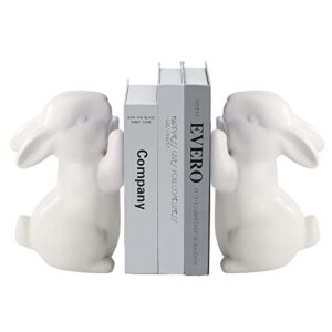 bestalice 2 pcs rabbit bookends, bunny book ends for shelves, ceramic animal figurine book ends stands shelves organizer, heavy duty bookends to hold books, white rabbit home decor