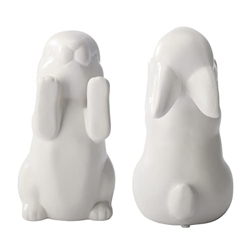 BestAlice 2 Pcs Rabbit Bookends, Bunny Book Ends for Shelves, Ceramic Animal Figurine Book Ends Stands Shelves Organizer, Heavy Duty Bookends to Hold Books, White Rabbit Home Decor