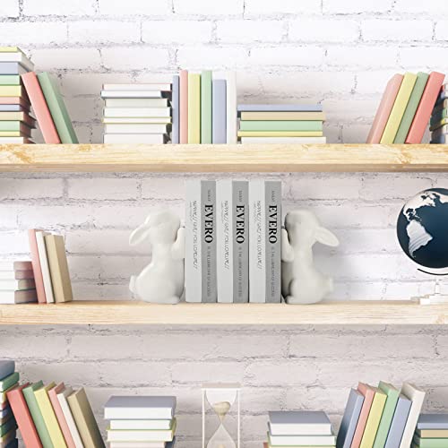 BestAlice 2 Pcs Rabbit Bookends, Bunny Book Ends for Shelves, Ceramic Animal Figurine Book Ends Stands Shelves Organizer, Heavy Duty Bookends to Hold Books, White Rabbit Home Decor