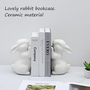 BestAlice 2 Pcs Rabbit Bookends, Bunny Book Ends for Shelves, Ceramic Animal Figurine Book Ends Stands Shelves Organizer, Heavy Duty Bookends to Hold Books, White Rabbit Home Decor