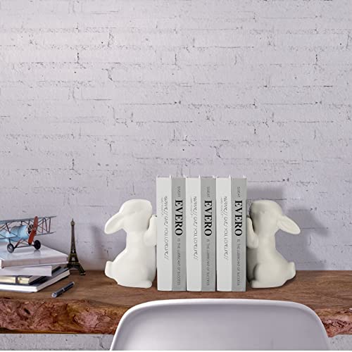 BestAlice 2 Pcs Rabbit Bookends, Bunny Book Ends for Shelves, Ceramic Animal Figurine Book Ends Stands Shelves Organizer, Heavy Duty Bookends to Hold Books, White Rabbit Home Decor