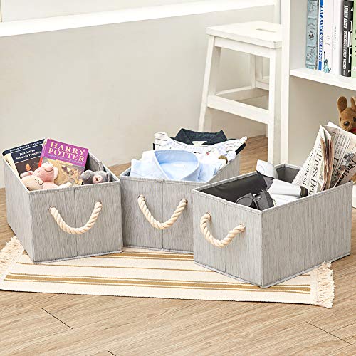 EZOWare Set of 7 Foldable Fabric Storage Cube Bins with Cotton Rope Handle, Collapsible Resistant Basket Box Organizer for Shelves Closet Toys and More – Gray