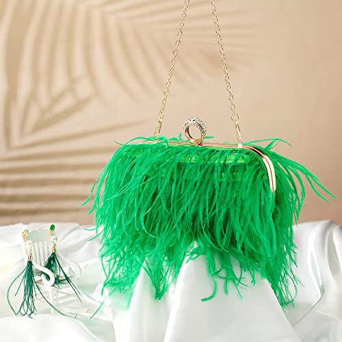 2pcs Women's Real Natural Ostrich Feather Tote Evening Bag and Ostrich Feather Earrings Feather Clutch Long Dangle Earring for Women Girl (Green)