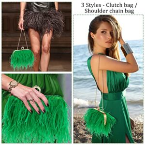 2pcs Women's Real Natural Ostrich Feather Tote Evening Bag and Ostrich Feather Earrings Feather Clutch Long Dangle Earring for Women Girl (Green)