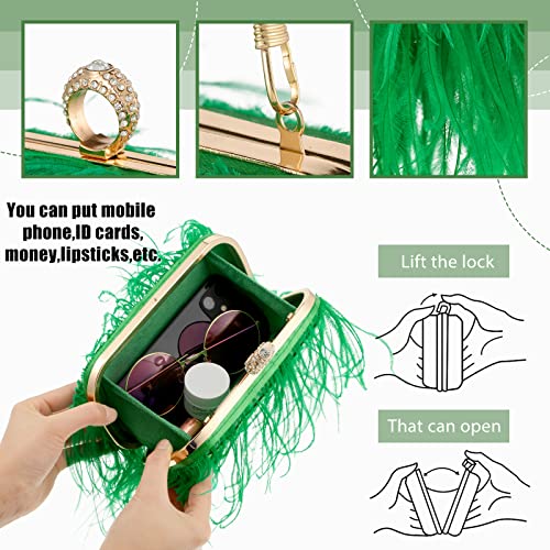 2pcs Women's Real Natural Ostrich Feather Tote Evening Bag and Ostrich Feather Earrings Feather Clutch Long Dangle Earring for Women Girl (Green)