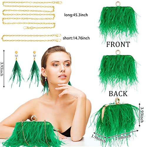 2pcs Women's Real Natural Ostrich Feather Tote Evening Bag and Ostrich Feather Earrings Feather Clutch Long Dangle Earring for Women Girl (Green)