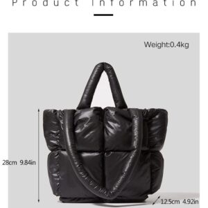 Large Puffer Tote Bag Winter Soft Puffer Down Padding Shoulder Bags Trendy Luxury Quilted Padded Handbags for Women (Black)