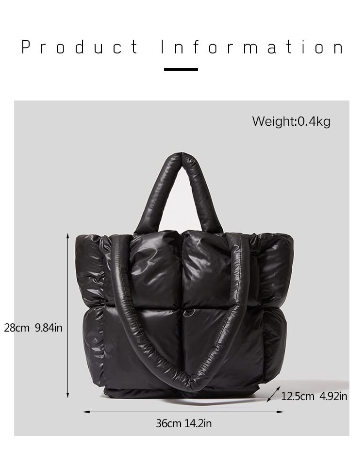 Large Puffer Tote Bag Winter Soft Puffer Down Padding Shoulder Bags Trendy Luxury Quilted Padded Handbags for Women (Black)