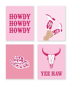 litiu cowgirl hat boots howdy bull skull preppy hot pink wall art poster prints decor, 8”x10”set of 4, preppy artwork teens girls gifts for women, decorations for girls room