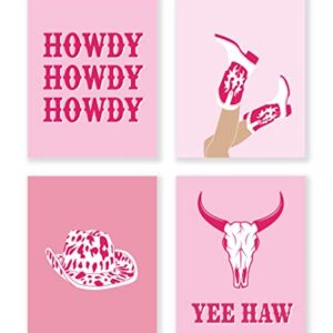 LiTiu Cowgirl Hat Boots Howdy Bull Skull Preppy Hot Pink Wall Art Poster Prints Decor, 8”x10”Set Of 4, Preppy Artwork Teens Girls Gifts for Women, Decorations For Girls Room