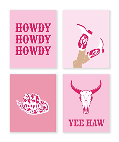 LiTiu Cowgirl Hat Boots Howdy Bull Skull Preppy Hot Pink Wall Art Poster Prints Decor, 8”x10”Set Of 4, Preppy Artwork Teens Girls Gifts for Women, Decorations For Girls Room