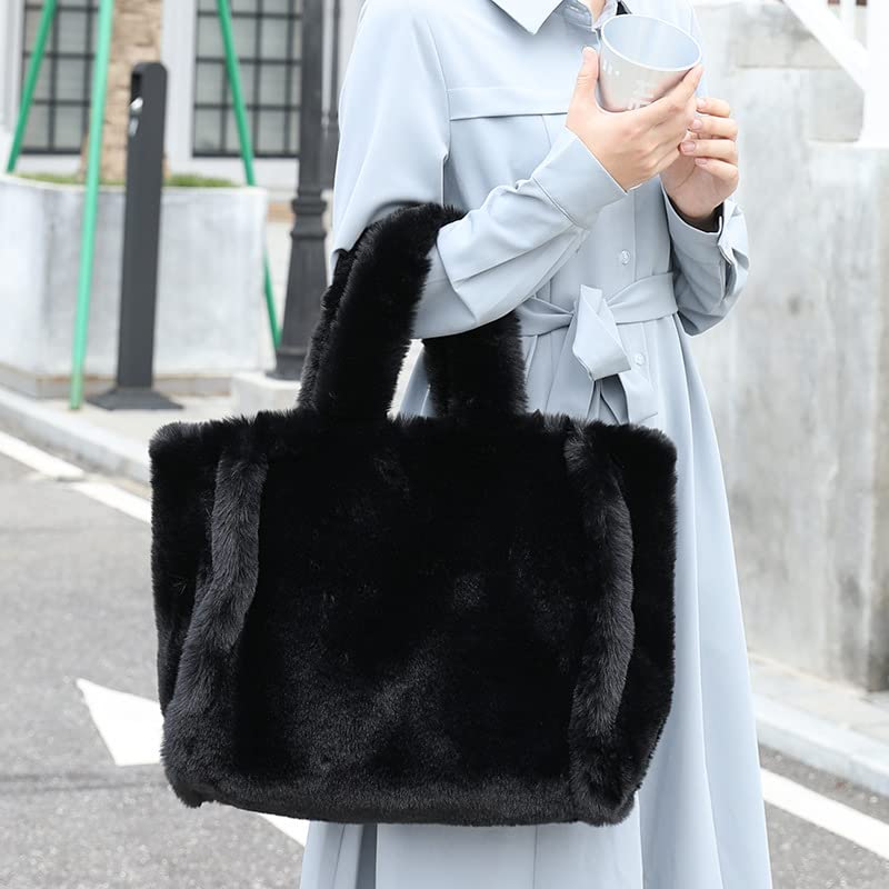 Plush Tote Bag Y2K Women Aesthetic Fuzzy Underarm Bag Furry Warm Winter Shoulder Bag Trendy Accessories (Black)