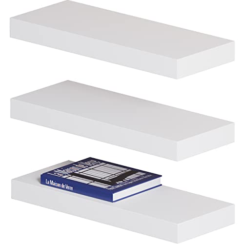 NEATERIZE Floating Shelves Set of 3 | Durable Wall Shelves with Invisible Bracket | Great Shelf for Bathroom, Bedrooms, Kitchen, Office and Living Room Décor. (White - Small)