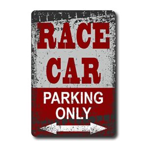 race car room decor for boys – 8×12 metal tin race car parking only sign – car themed room decor gift – garage, man cave, bedroom wall decor