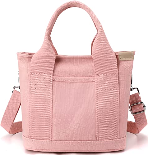 Canvas Tote Bag Women Small Mini Tote Bag Zipper Satchel Crossbody Shoulder Handbags Purse Pink