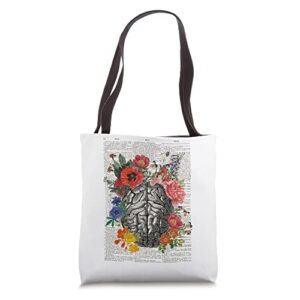 brain heart anatomy flowers doctor neurologist tote bag