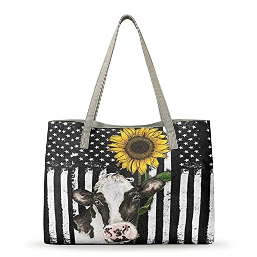 Rnyleeg Sunflower Cow Print Handbags for Women Large Tote Shoulder Bags Top Handle Satchel Purses Shopping Bag