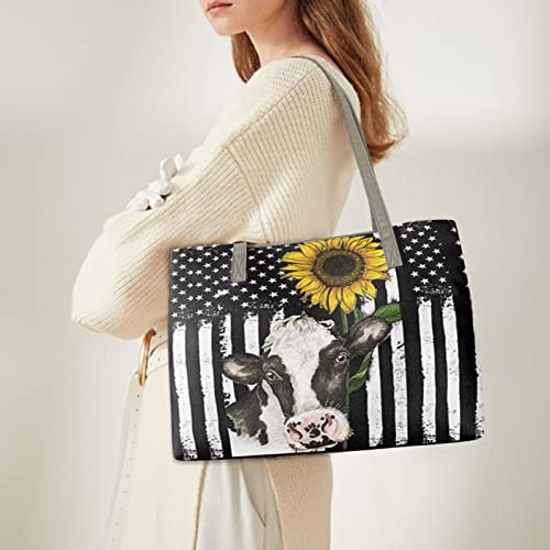 Rnyleeg Sunflower Cow Print Handbags for Women Large Tote Shoulder Bags Top Handle Satchel Purses Shopping Bag