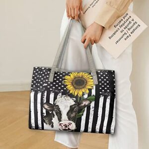 Rnyleeg Sunflower Cow Print Handbags for Women Large Tote Shoulder Bags Top Handle Satchel Purses Shopping Bag