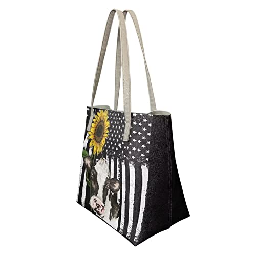 Rnyleeg Sunflower Cow Print Handbags for Women Large Tote Shoulder Bags Top Handle Satchel Purses Shopping Bag