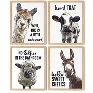 funny bathroom decor wall art cute cow llama donkey sheep animal artwork inspirational farmhouse home wall decor pictures prints for bathroom restroom nursery kids boy room ,(4pcs, 8″x10″, unframed)