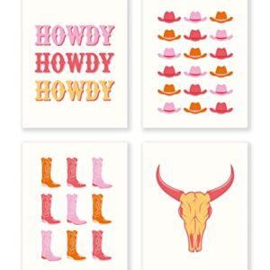 LiTiu Cowboy Cowgirl Hat Boots Howdy Bull Skull Preppy Trendy Wall Art Poster Prints Decor, 8”x10”Set Of 4, Preppy Artwork Teens Girls Gifts for Women, Decorations For Girls Room