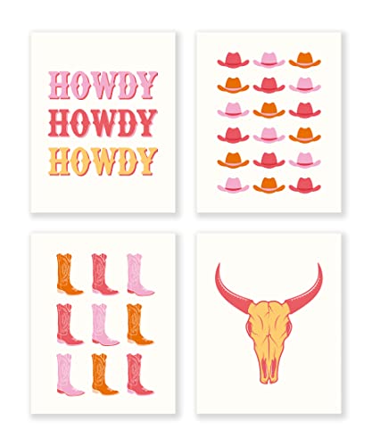 LiTiu Cowboy Cowgirl Hat Boots Howdy Bull Skull Preppy Trendy Wall Art Poster Prints Decor, 8”x10”Set Of 4, Preppy Artwork Teens Girls Gifts for Women, Decorations For Girls Room