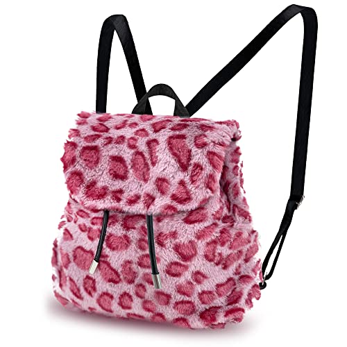 Mewcho 11” Y2k Bag Plush Backpack Small Cute Pink Blue Drawstring Leopard Fluffy Kawaii Purse Mini Backpack for Women Teen Girls (ONE-Leo-Pink)