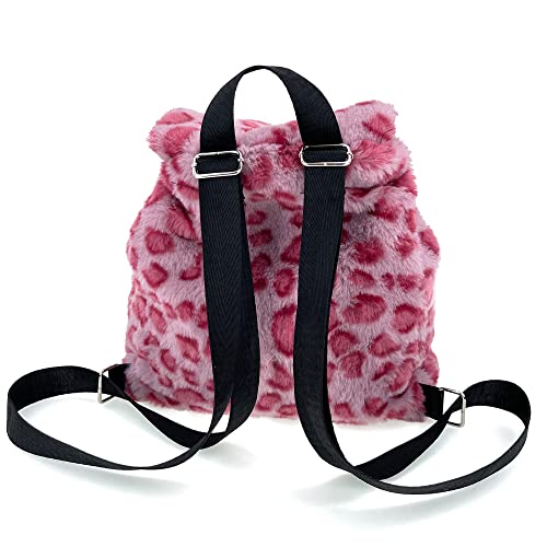 Mewcho 11” Y2k Bag Plush Backpack Small Cute Pink Blue Drawstring Leopard Fluffy Kawaii Purse Mini Backpack for Women Teen Girls (ONE-Leo-Pink)