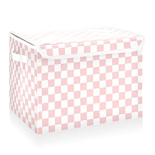 CaTaKu Pink Checkered Storage Bins with Lids Fabric Large Storage Container Cube Basket with Handle Decorative Storage Boxes for Organizing Clothes Shelves