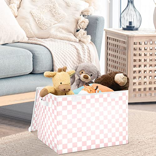 CaTaKu Pink Checkered Storage Bins with Lids Fabric Large Storage Container Cube Basket with Handle Decorative Storage Boxes for Organizing Clothes Shelves